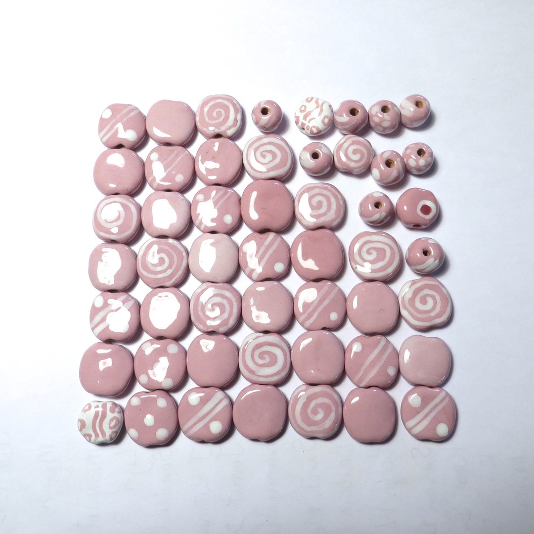 Kazuri Beads, 50 of 1/2 Inch and 3/4 Inch Pitapat Beads, Pink and White ...