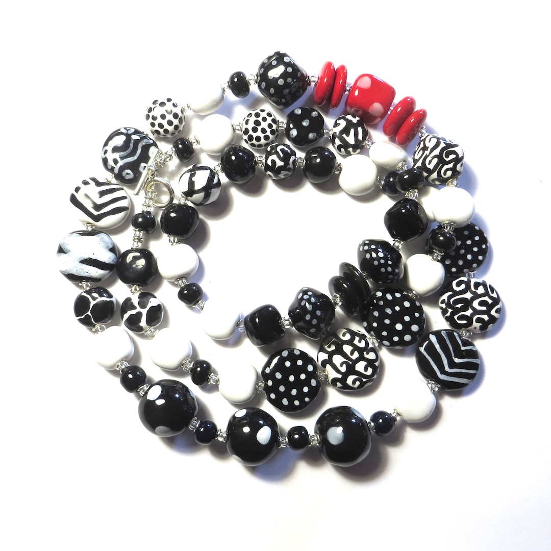 Kazuri Bead Necklace, Statement Necklace, Black Red and White Coloured Necklace, Fair Trade ...