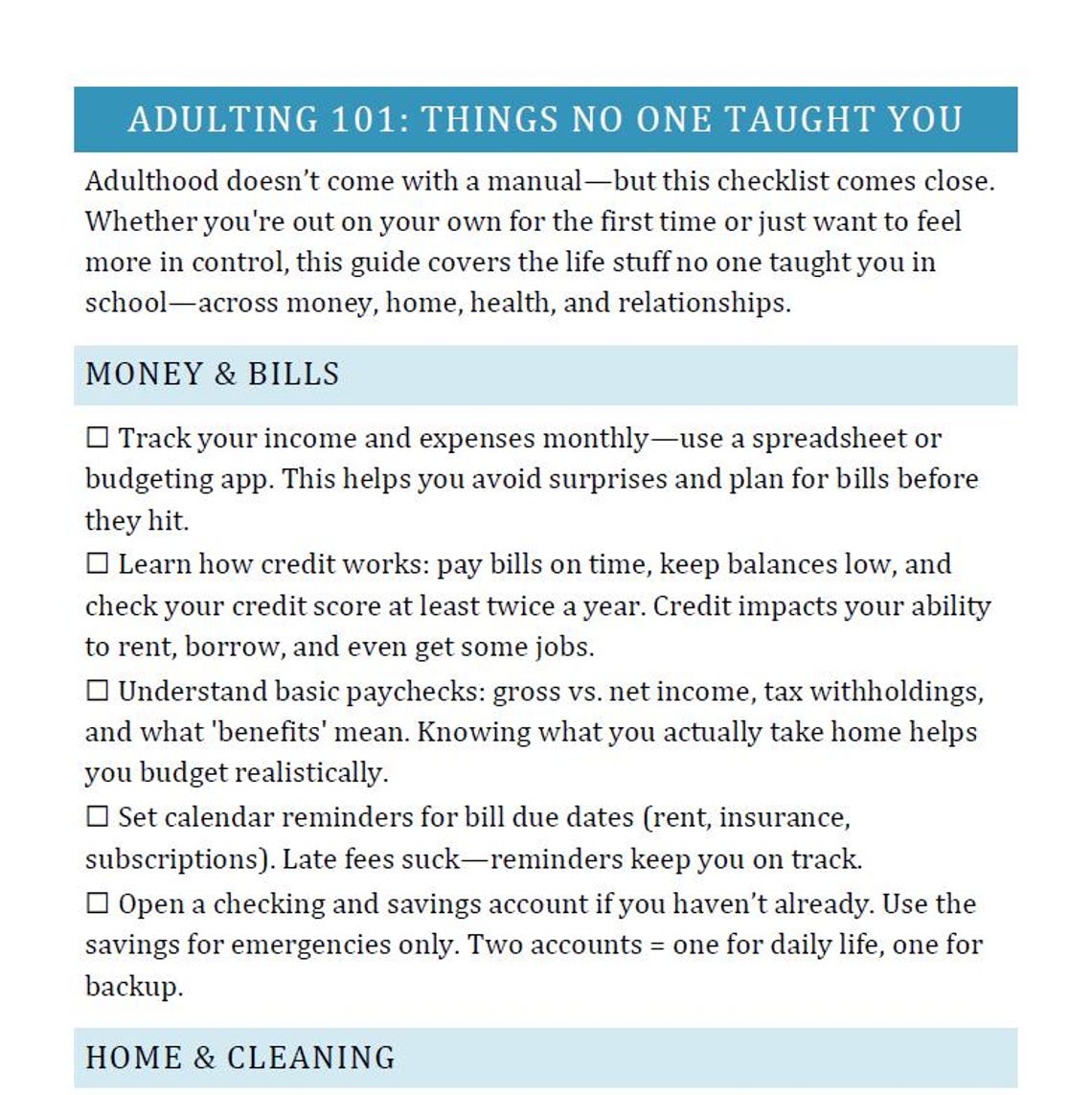 Adulting 101 Starter Pack – 5 Printable Checklists for Budgeting ...