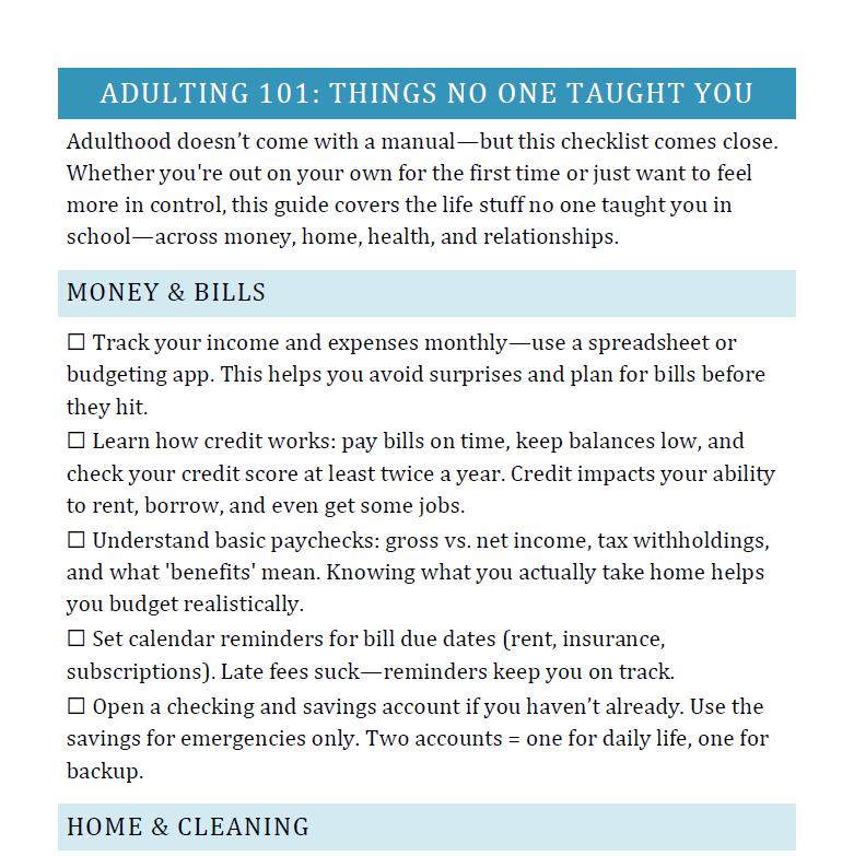 Adulting 101 Starter Pack – 5 Printable Checklists for Budgeting ...