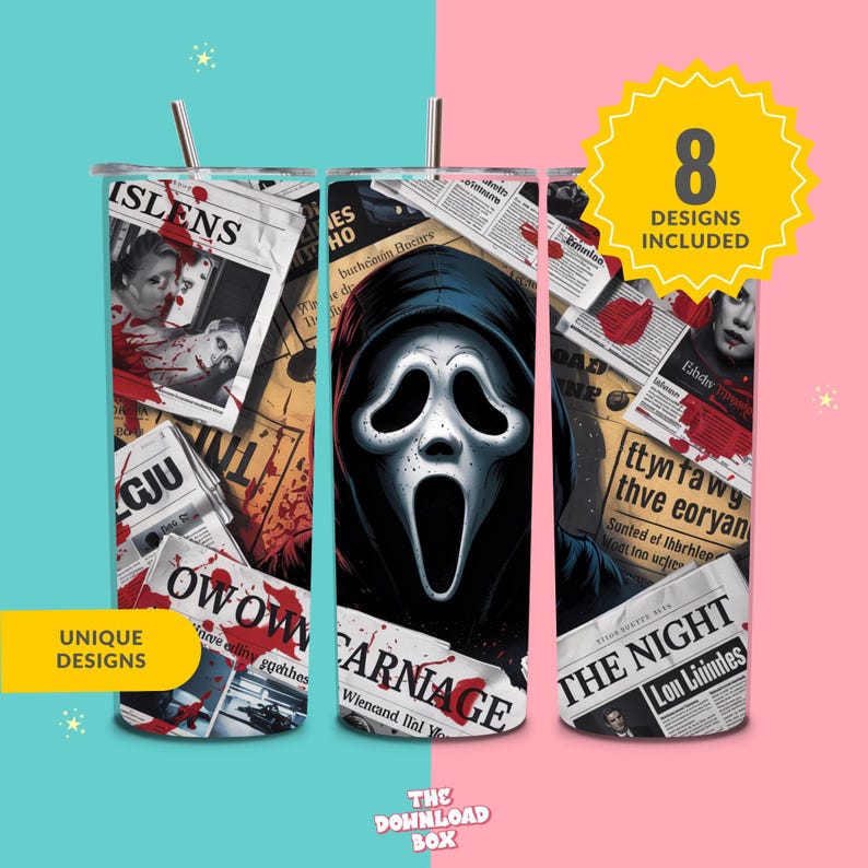 Spooky Horror Characters Tumbler Wrap PNG, Halloween Themed Digital ...