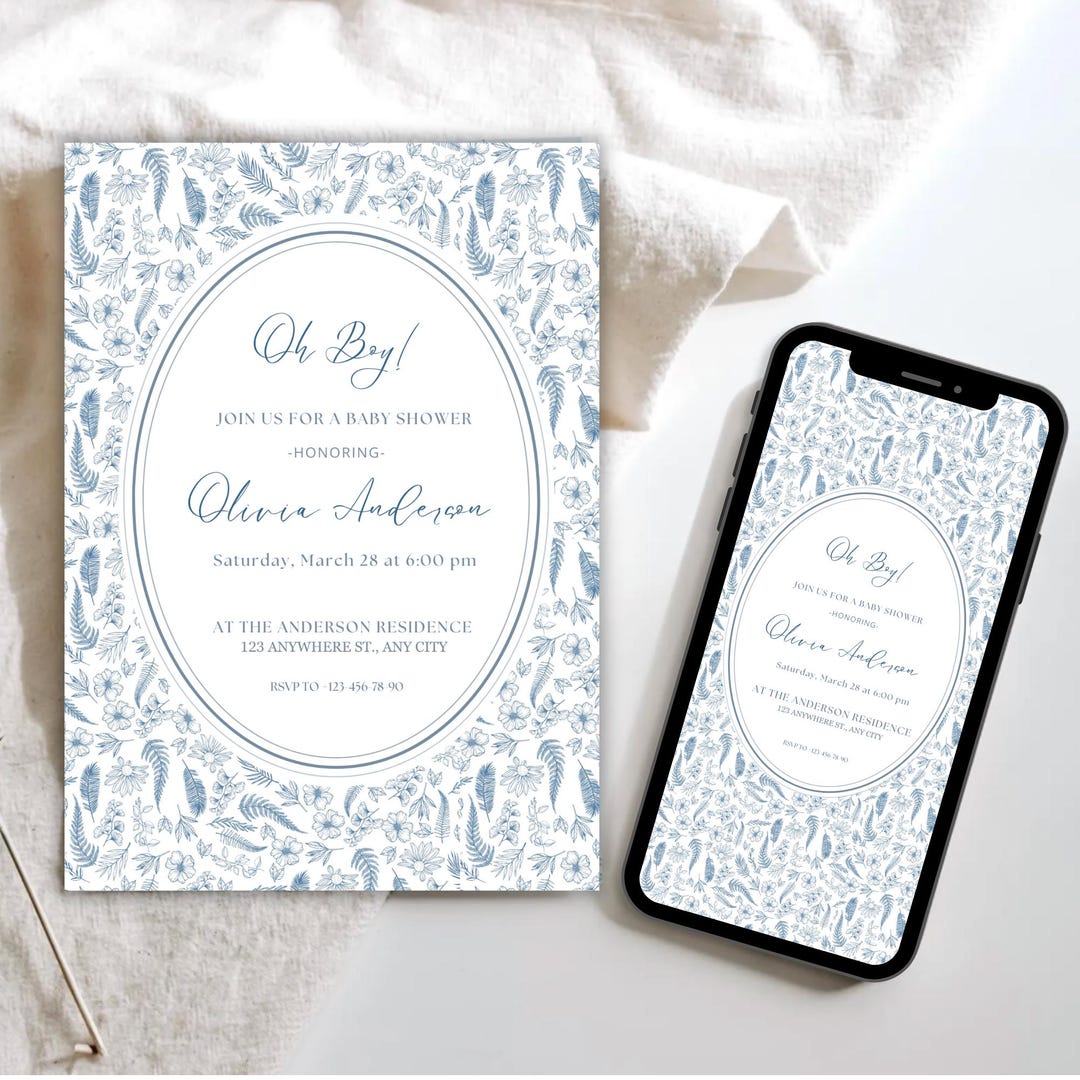 Boy Toile Baby Shower Invitation Template | Editable Toile De Jouy Blue ...