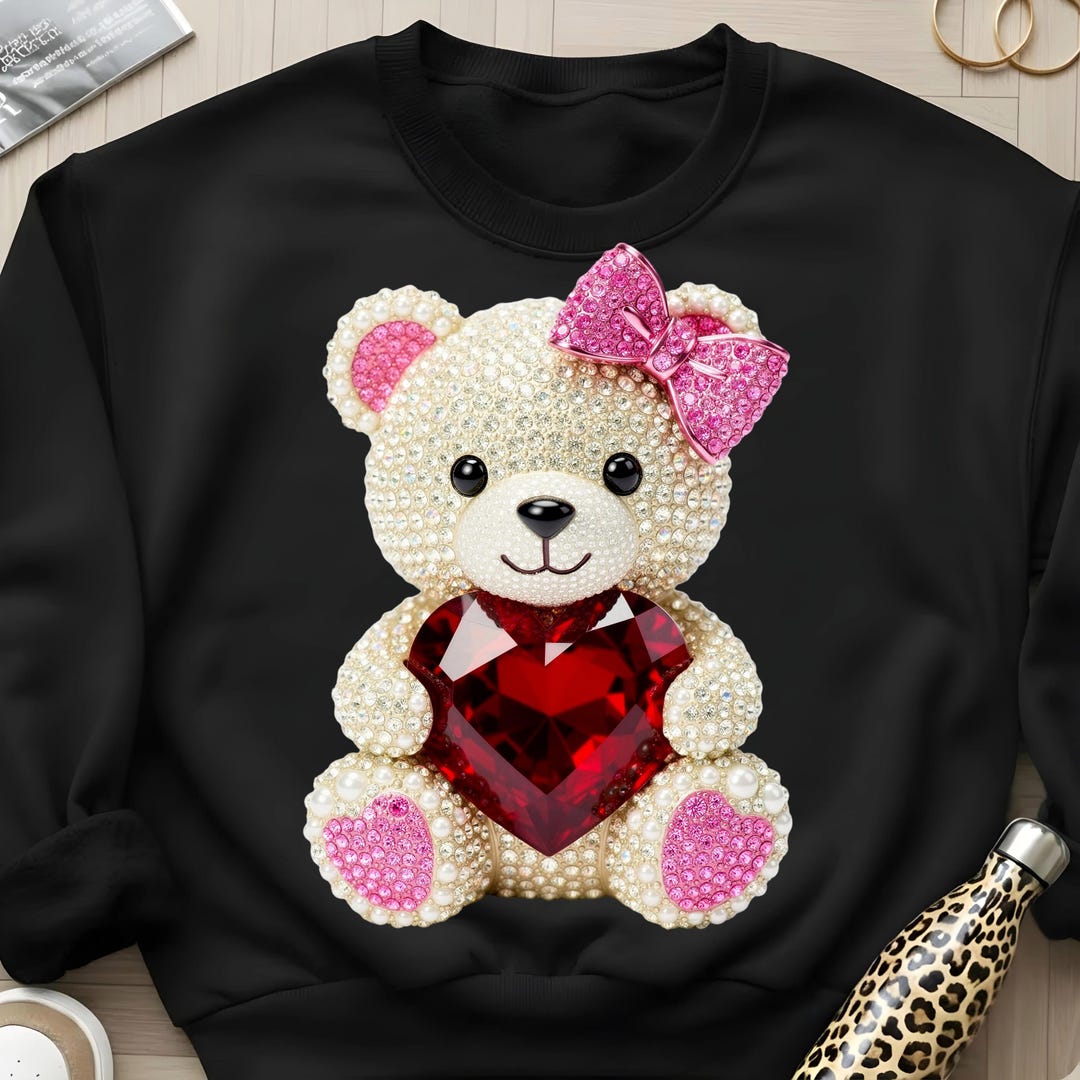 Rhinestone Bear PNG, Jeweled Teddy Valentine Heart Bling Pink Bow Cute ...
