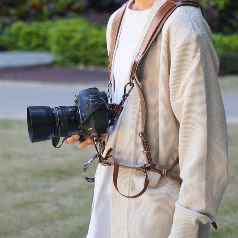 Personalized Leather Dual Camera Harness Vintage Double Shoulder Strap ...