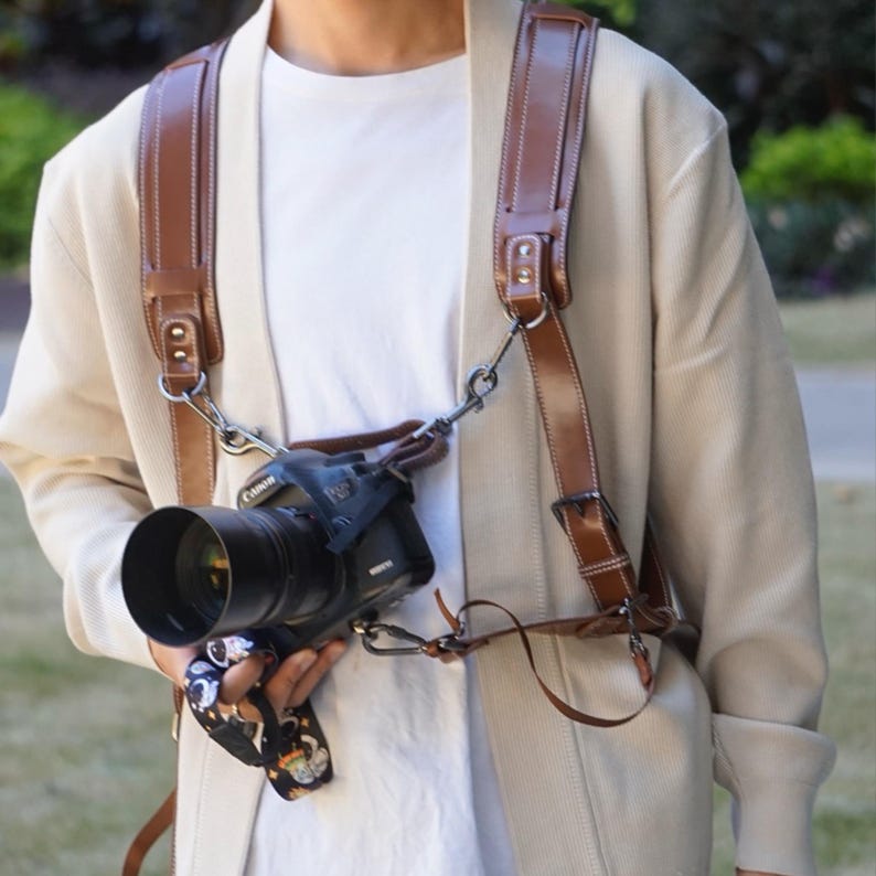 Personalized Leather Dual Camera Harness Vintage Double Shoulder Strap ...