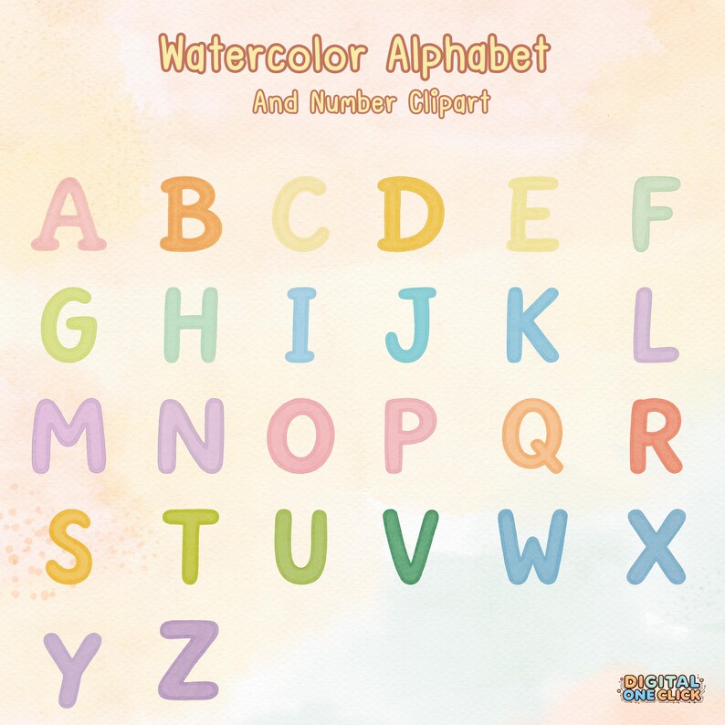 Watercolor Alphabet Clipart, Pastel Letter and Number PNG, Soft Hand ...