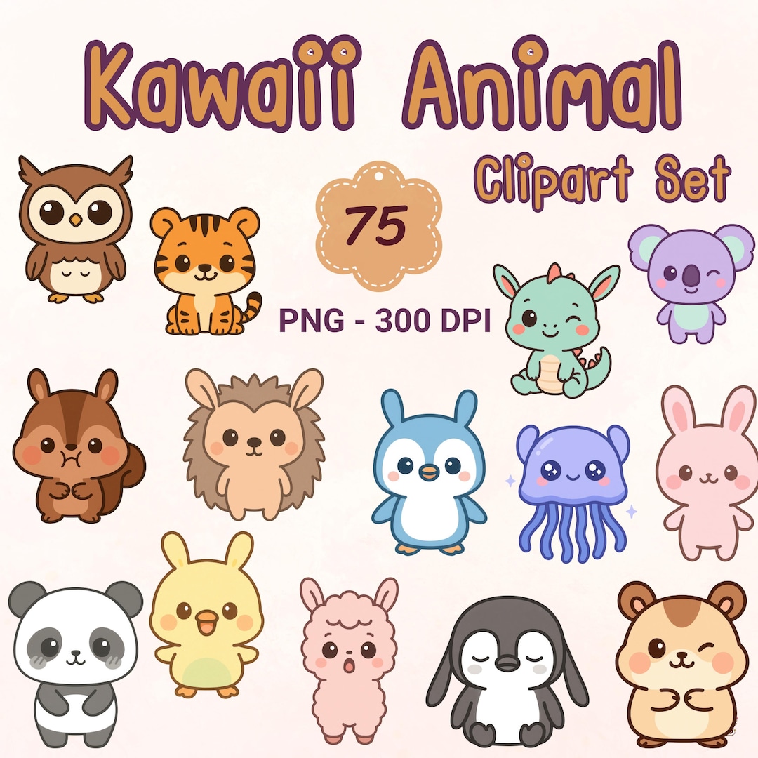 Kawaii Animal Clipart Bundle, Pastel Cartoon PNG Stickers (75) - Etsy