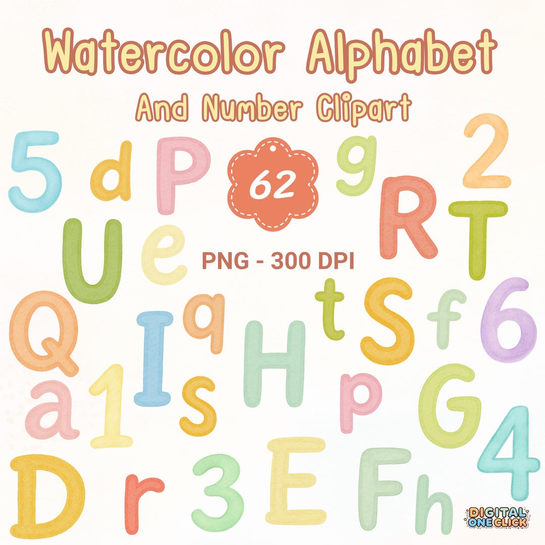 Watercolor Alphabet Clipart, Pastel Letter and Number PNG, Soft Hand ...