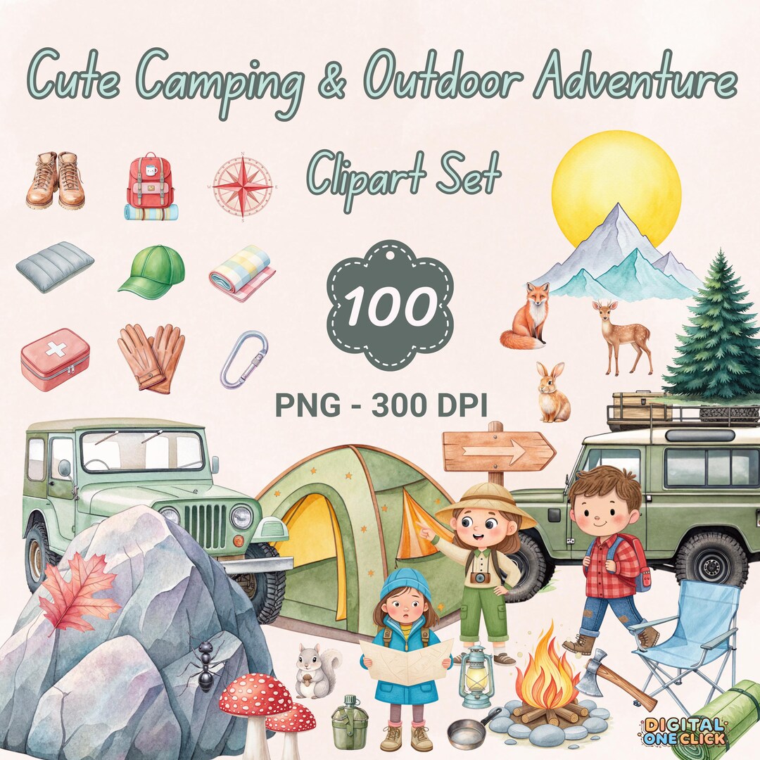 Camping Adventure Clipart – 100 PNG Files, Cute Hiking & Outdoor ...