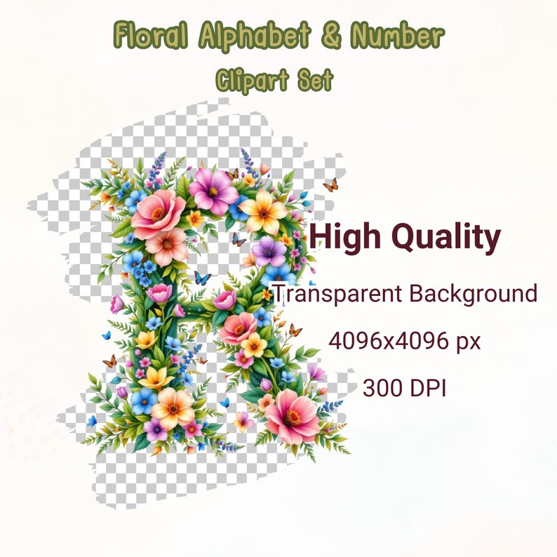 Floral Alphabet Clipart, Watercolor Letter and Number PNG, Elegant ...
