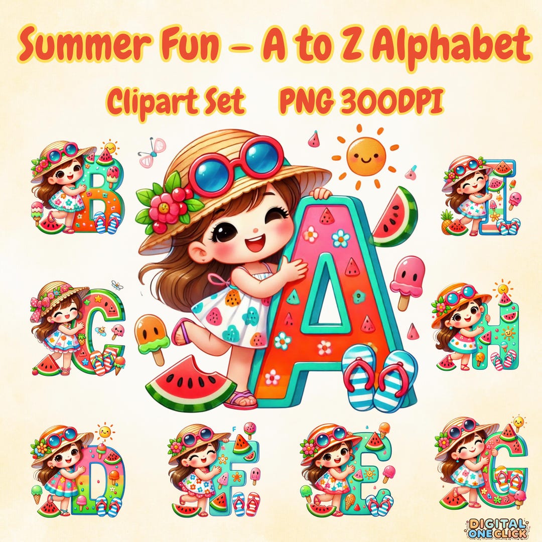 Summer Alphabet Clipart A–Z | Cute Letter PNG With Girl, Ice Cream ...