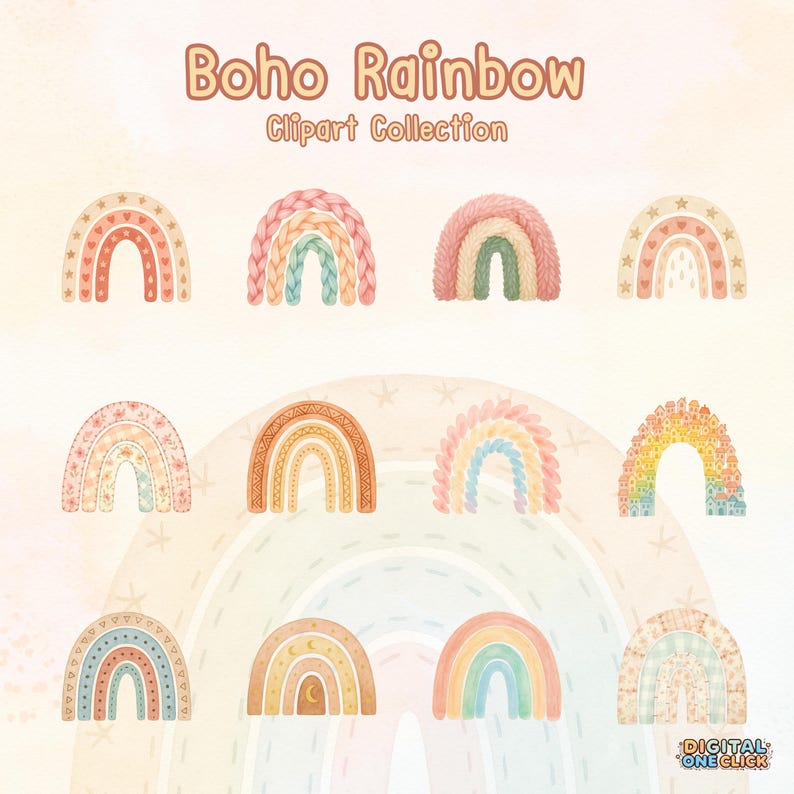 Boho Rainbow Clipart, Neutral Pastel PNG, Macrame Watercolor Rainbow ...