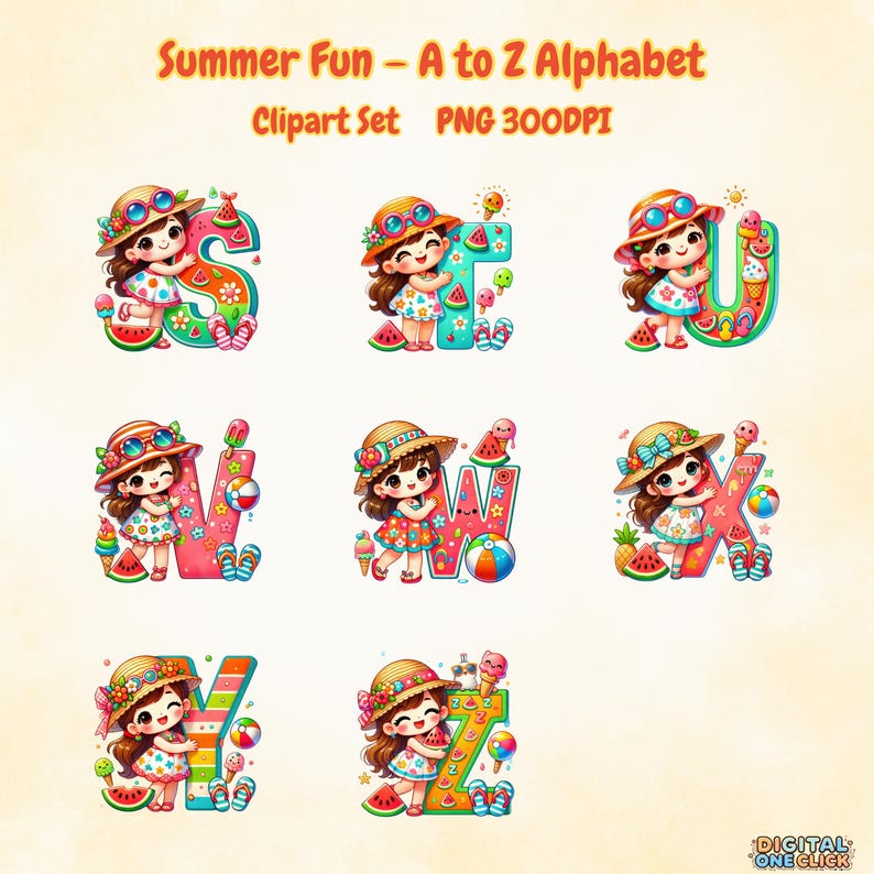 Summer Alphabet Clipart A–Z | Cute Letter PNG With Girl, Ice Cream ...