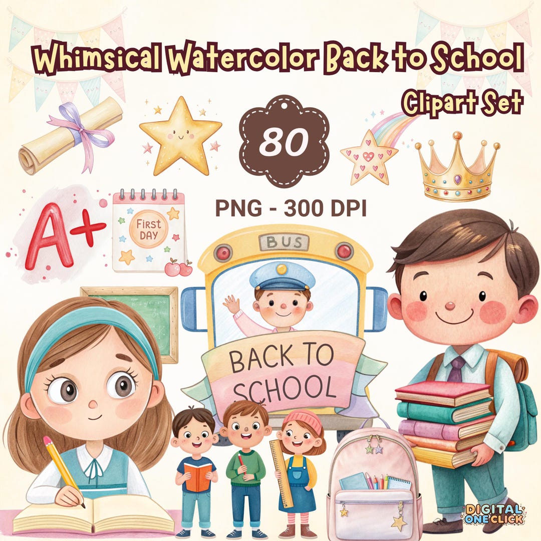 Watercolor Back to School Clipart: 80 PNG Files, Teacher & Student ...