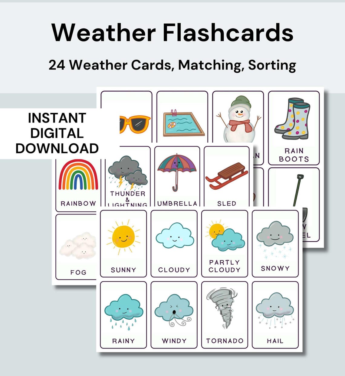 Weather Flashcards, Weather Matching, Weather Words, Toddler Weather ...
