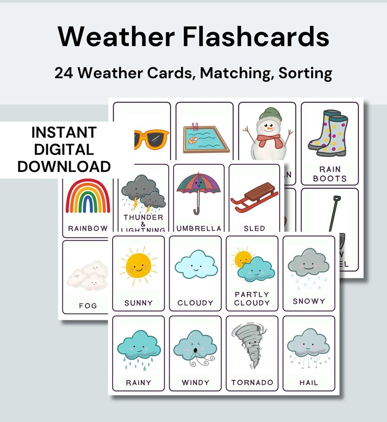 Weather Flashcards, Weather Matching, Weather Words, Toddler Weather ...