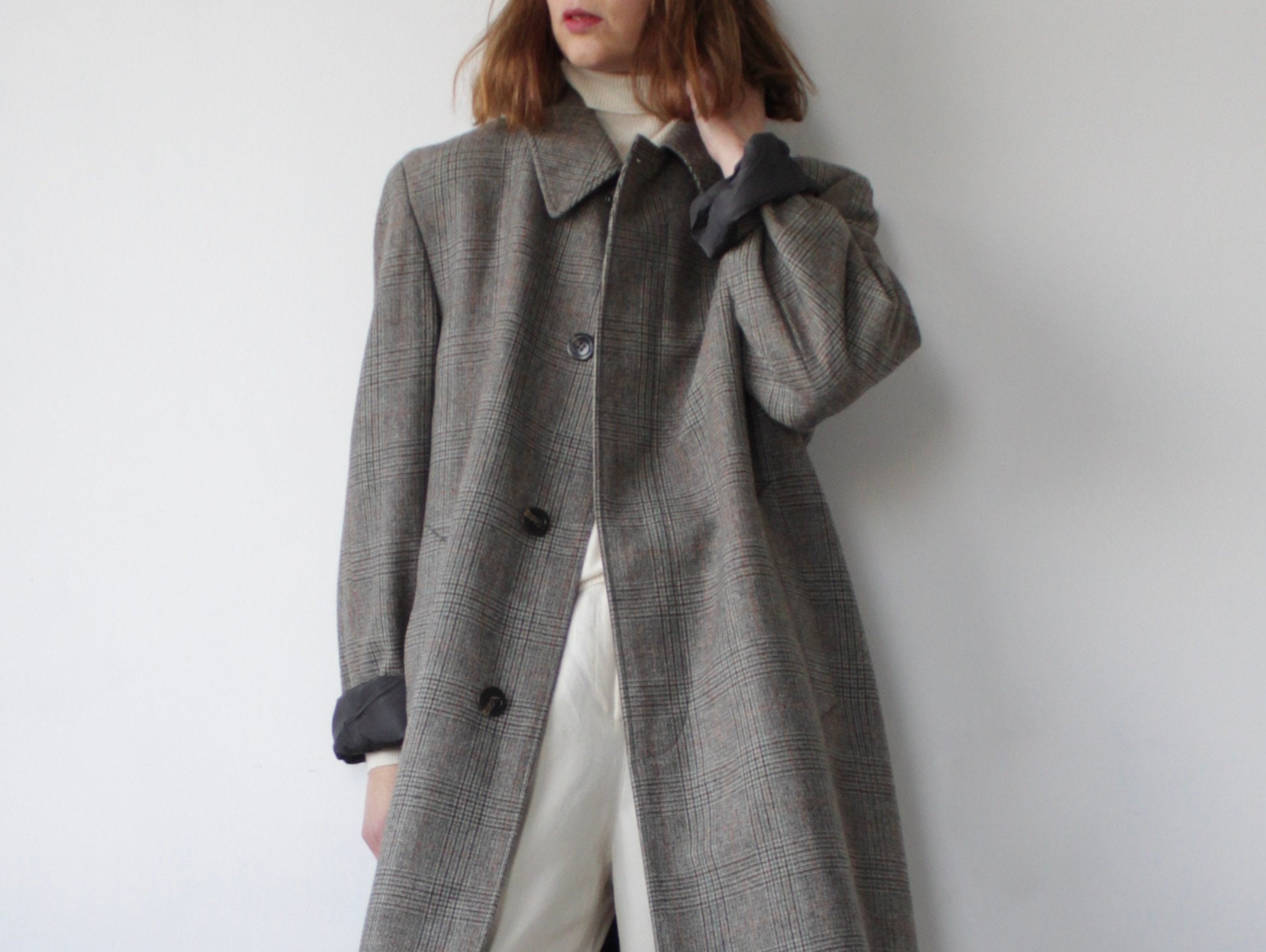 DUNN & CO | Pure Wool Plaid Check Tweed Oversized Overcoat