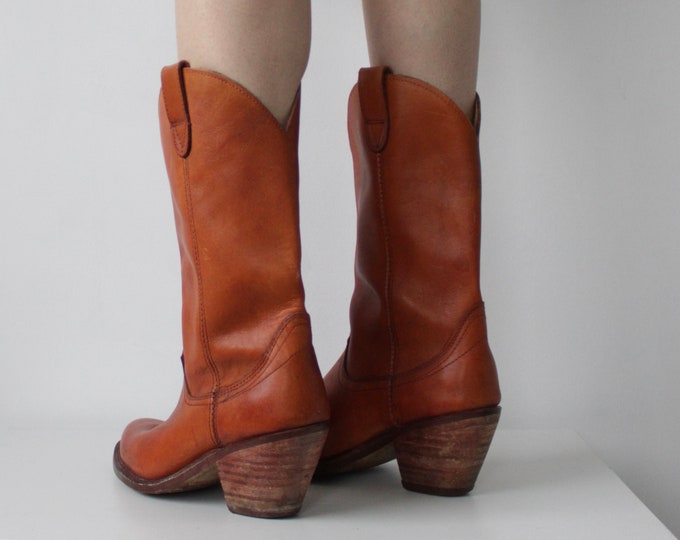 Vintage Tan Leather Cowboy Boots - Etsy