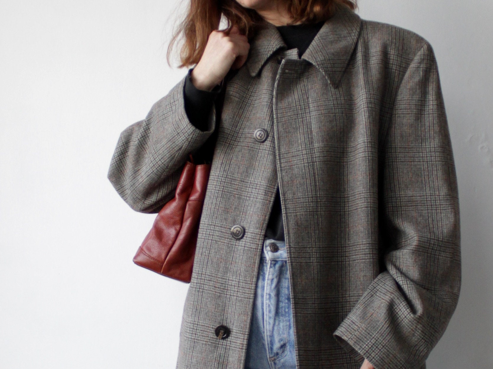 DUNN & CO | Pure Wool Plaid Check Tweed Oversized Overcoat