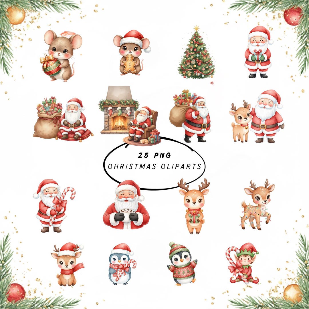 Watercolor Cute Christmas Clipart, Xmas PNG, Santa Claus Clipart ...