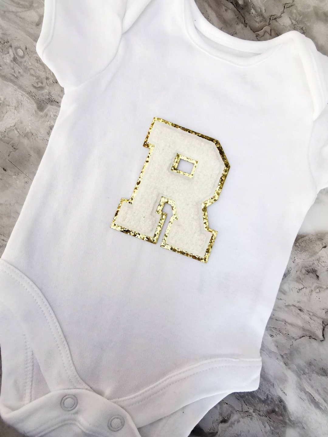 White and Gold Chenille Varsity Letter Patch ONLY - Adhesive Backing ...