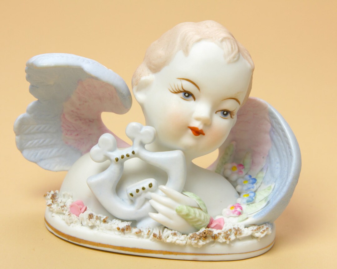 Lefton Angel With Harp Figurine 432 Ceramic Bisque - Etsy