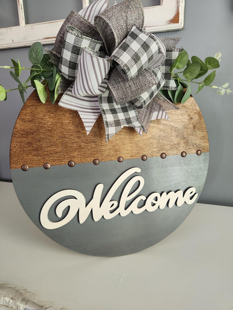 Welcome Round Wood Sign Gray - Etsy