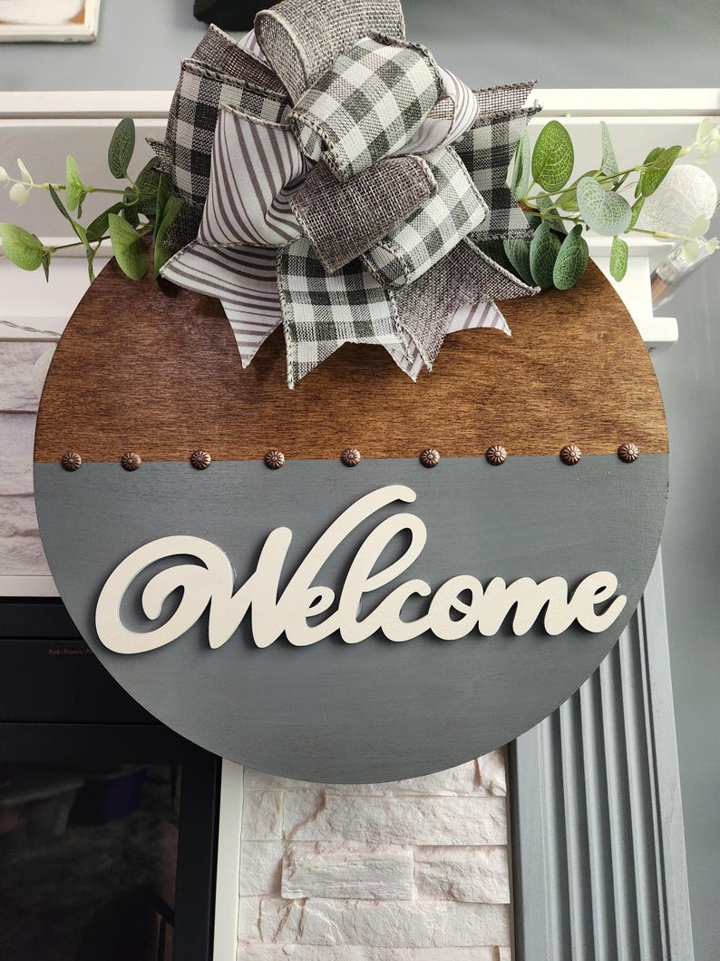 Welcome Round Wood Sign Gray - Etsy