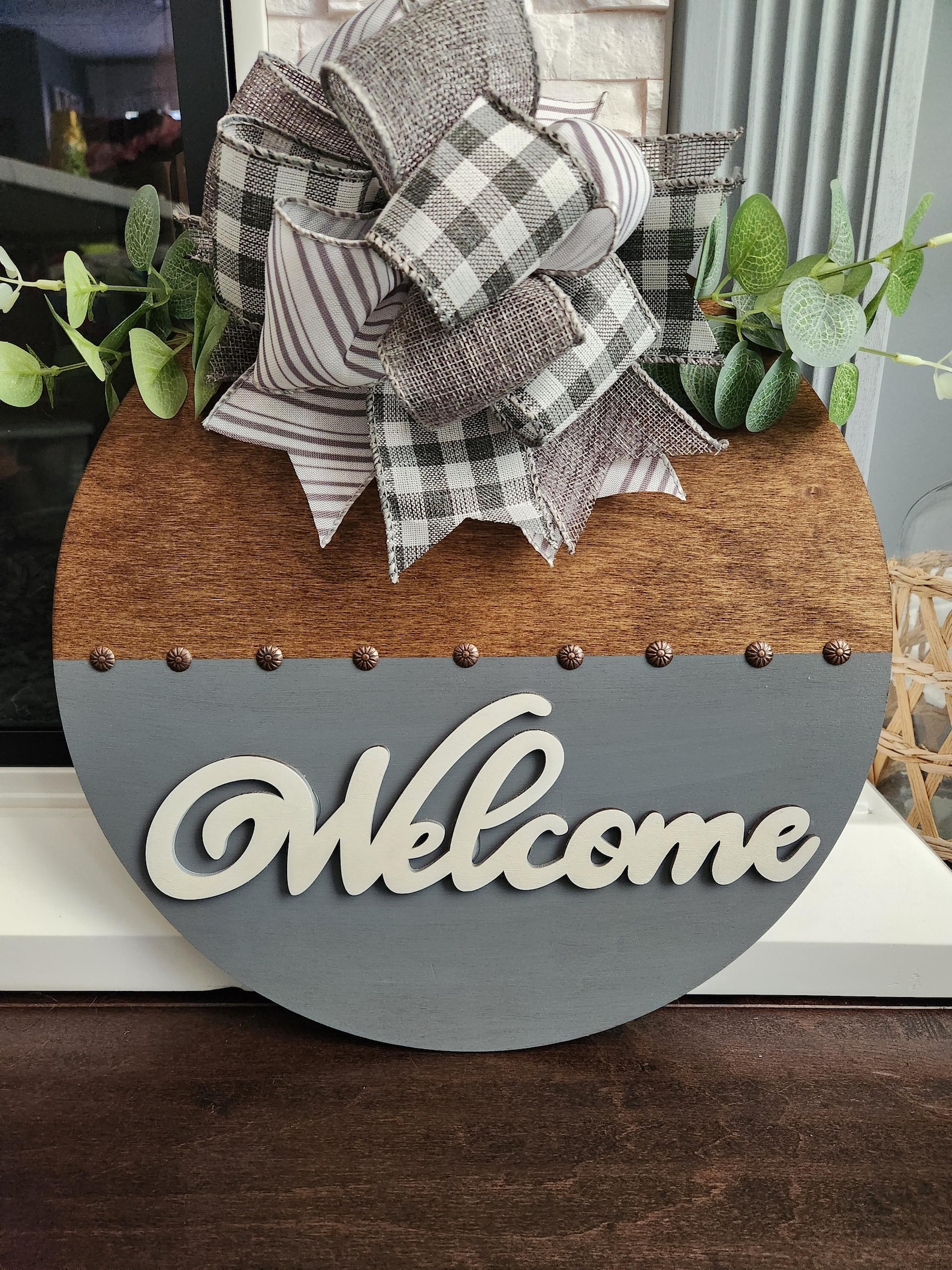 Welcome Round Wood Sign Gray - Etsy