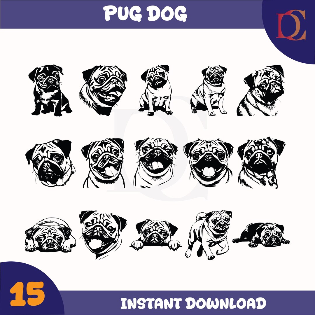 Pug SVG Bundle, Pug Dog PNG , Cute Pug Clipart, Hand Drawn Pug Pictures ...