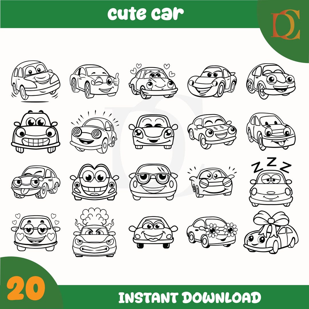 Cute Car SVG Bundle | Cartoon Car Clipart PNG, Funny Car Faces Coloring ...