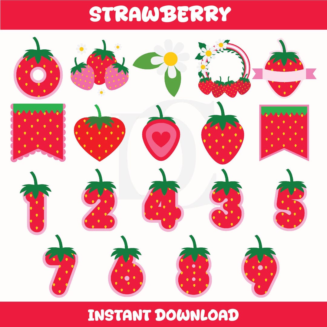 Strawberry Numbers SVG Bundle, Cute Fruit Clipart PNG, Berry First ...
