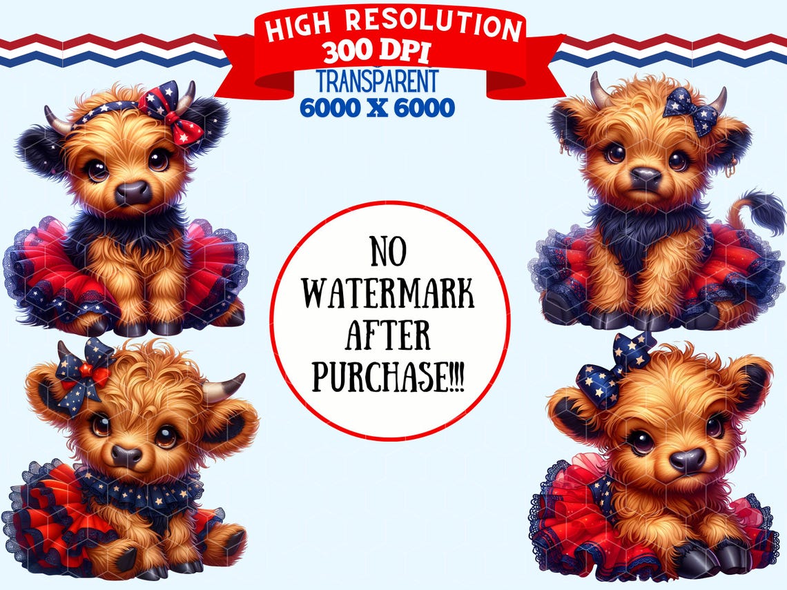 4th of July Highland Cow in Red & Blue Star Tutu Dress Clipart ...