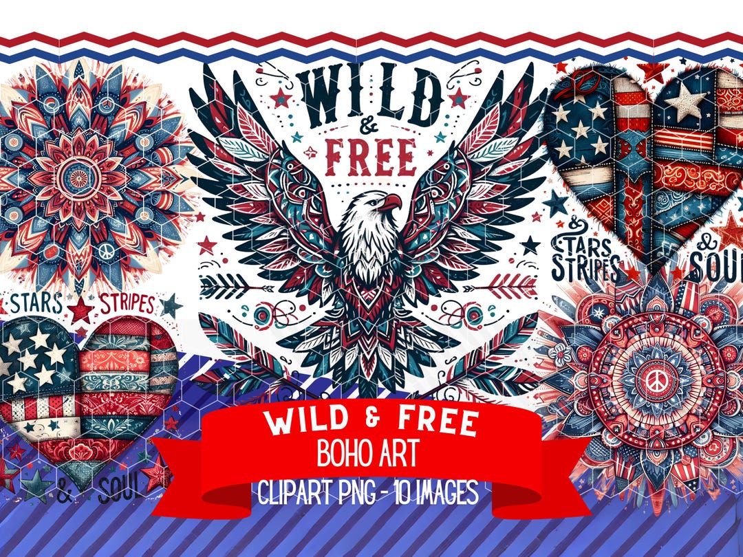 Boho 4th of July Clipart, USA Mandala, Crescent Moon, Peace Rainbow ...