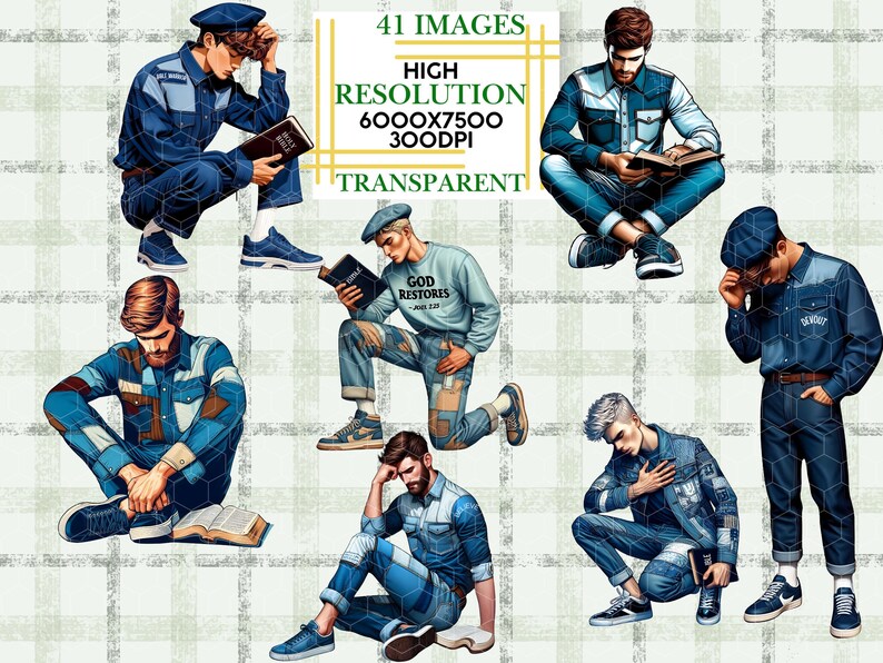 Christian Men Clipart Bundle Spiritual Stylish Jean Outfit PNG Prayer ...