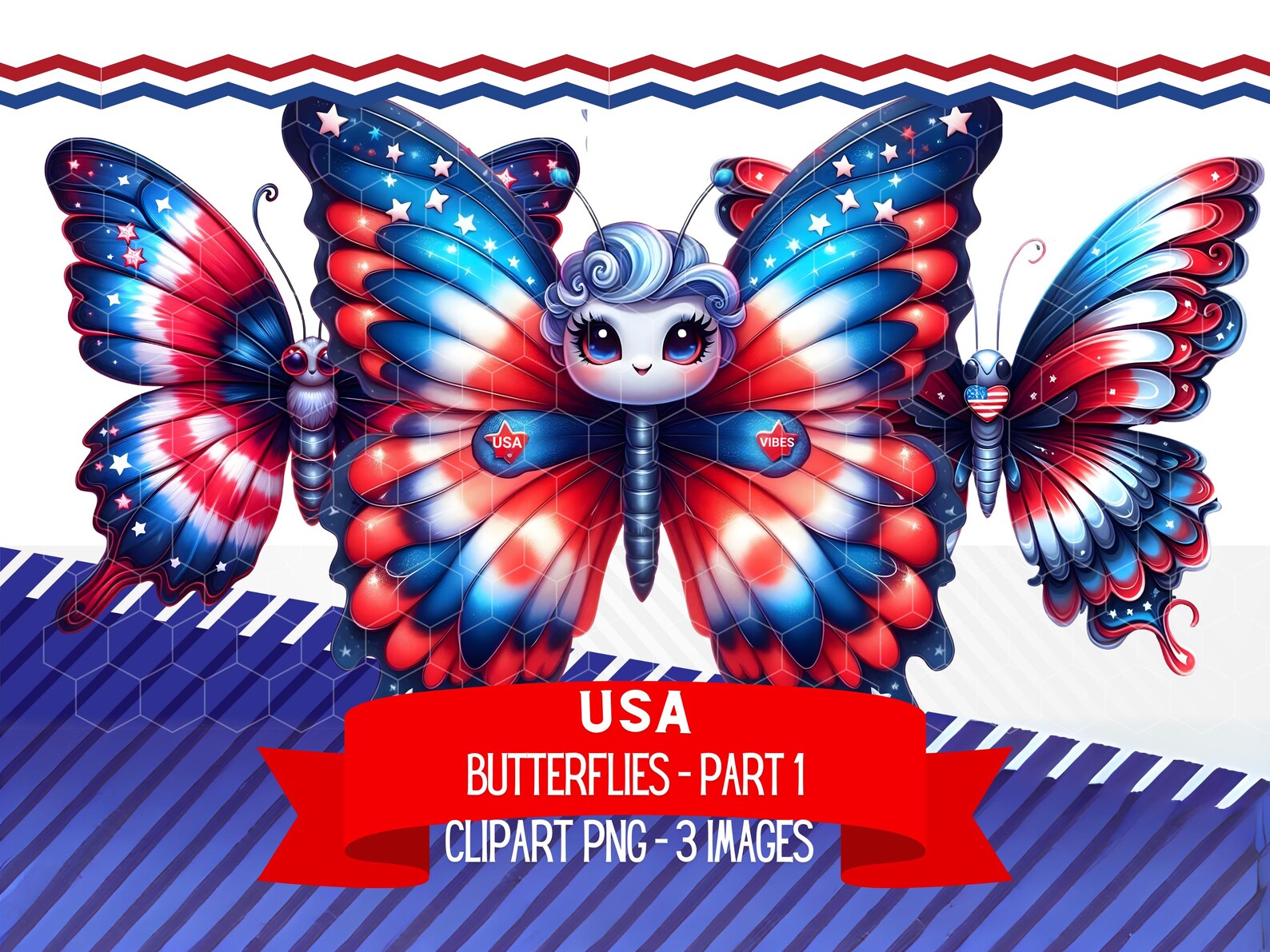 4th of July Cute Butterfly Insect With Patriotic Tie-dye Wings Clipart ...