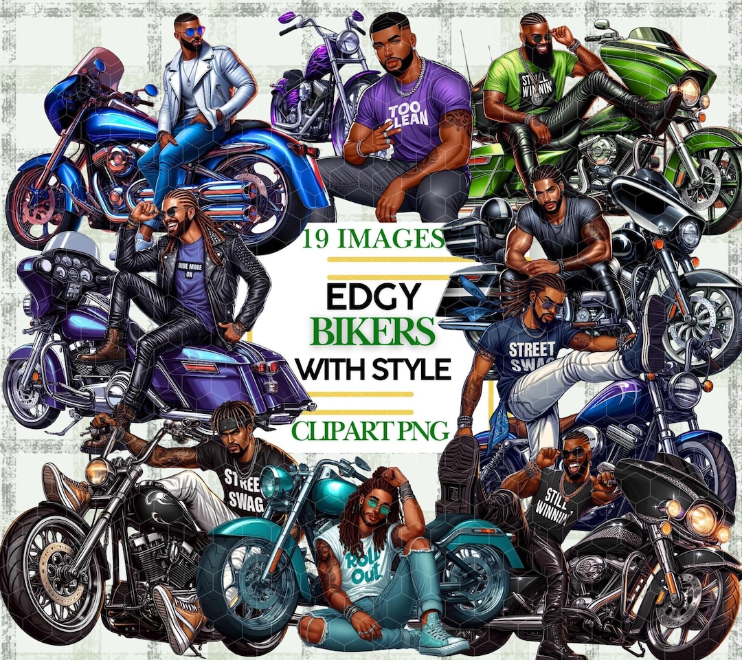Black Biker With Edgy Dapper Fashion Clipart, Men With Motorcycles ...