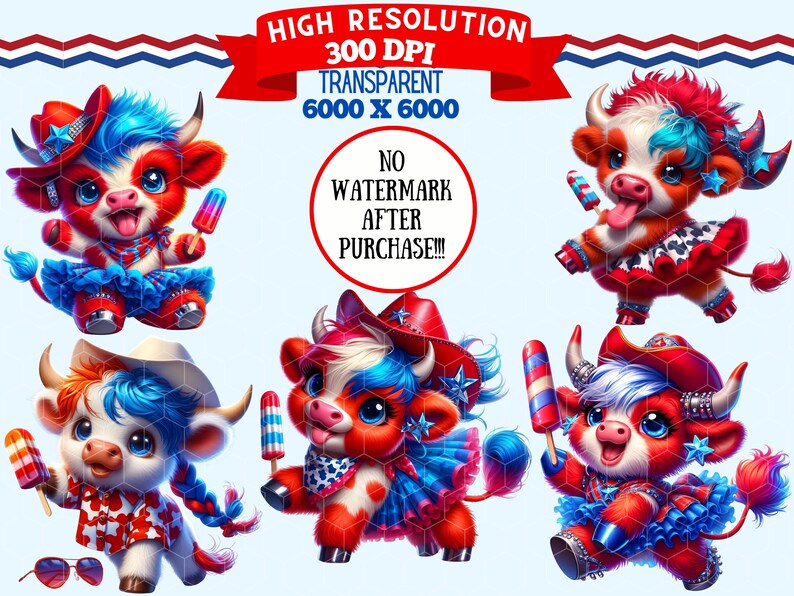 4th of July Highland Cow Cow Print Clipart, Whimsical Patriotic Animal ...