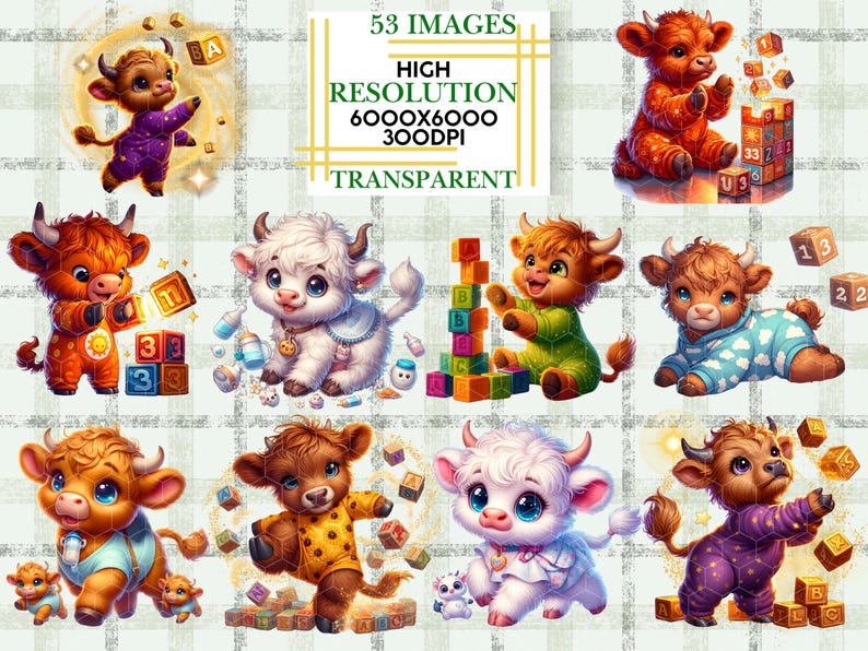 Highland Cow Clipart Bundle Cute Baby Cow Happy Toddler PNG ABC Blocks ...