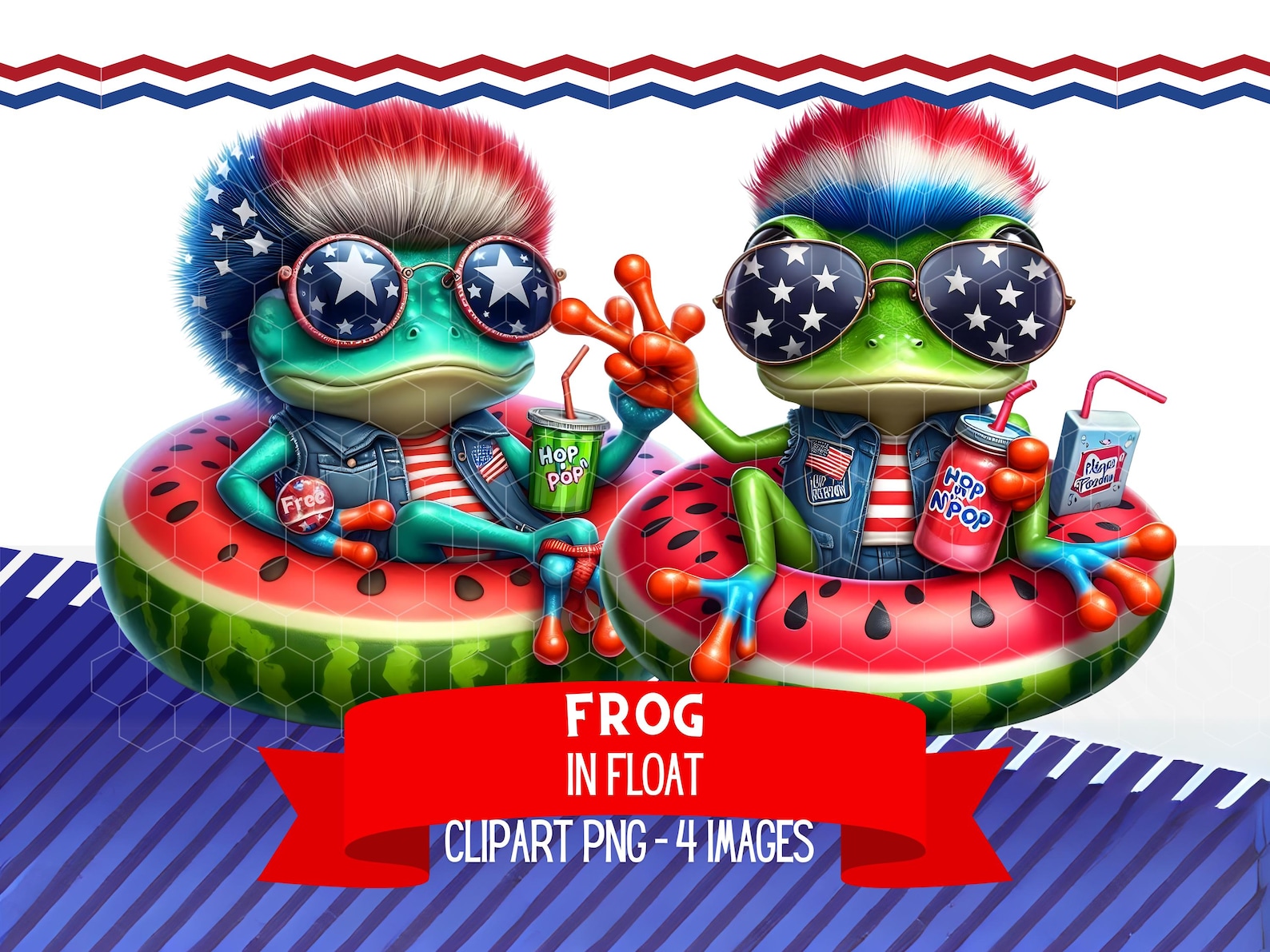 4th of July Frog With Mohawk Clipart Bundle, Patriotic Watermelon Float ...