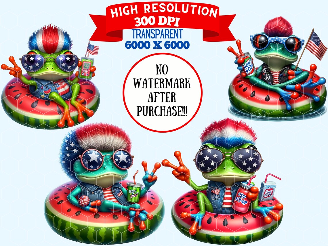 4th of July Frog With Mohawk Clipart Bundle, Patriotic Watermelon Float ...