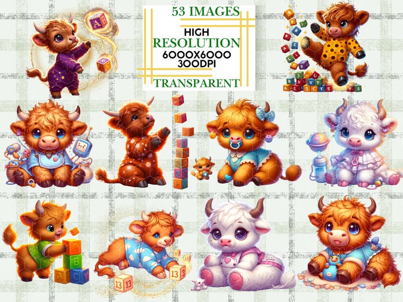 Highland Cow Clipart Bundle Cute Baby Cow Happy Toddler PNG ABC Blocks ...