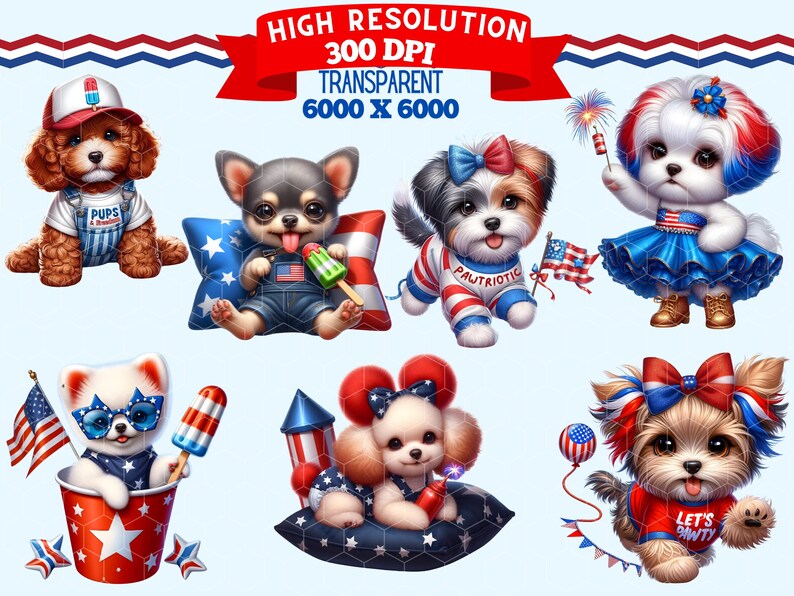 4th of July Playful Dog Clipart, Cute Patriotic Pet Breeds Bundle ...