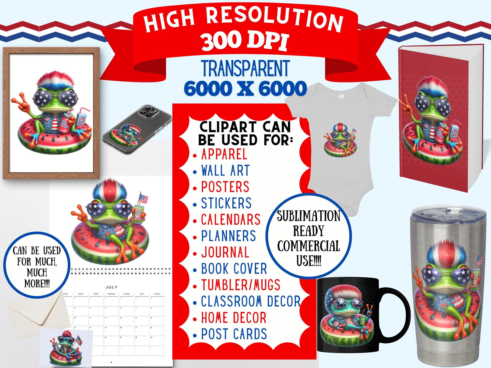 4th of July Frog With Mohawk Clipart Bundle, Patriotic Watermelon Float ...