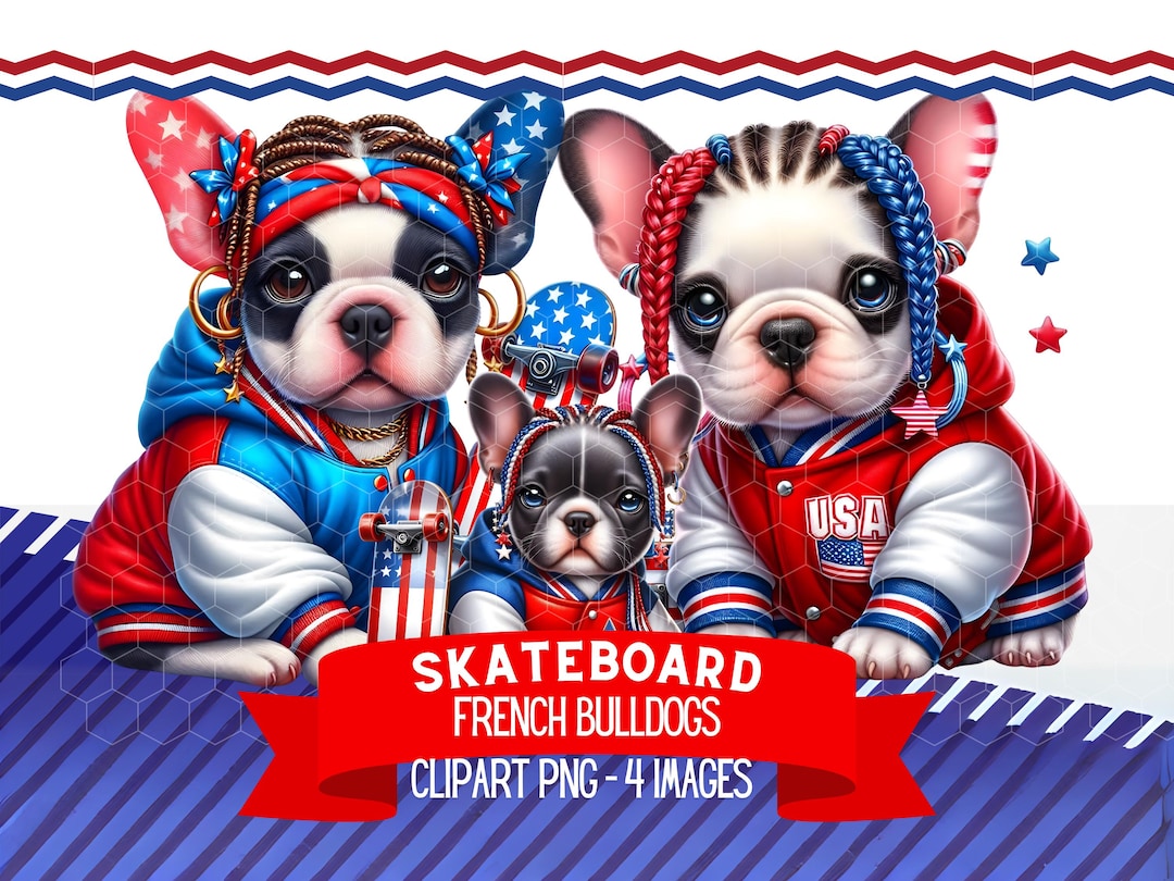 4th of July French Bulldog With Skateboard & Varsity Jacket Clipart ...