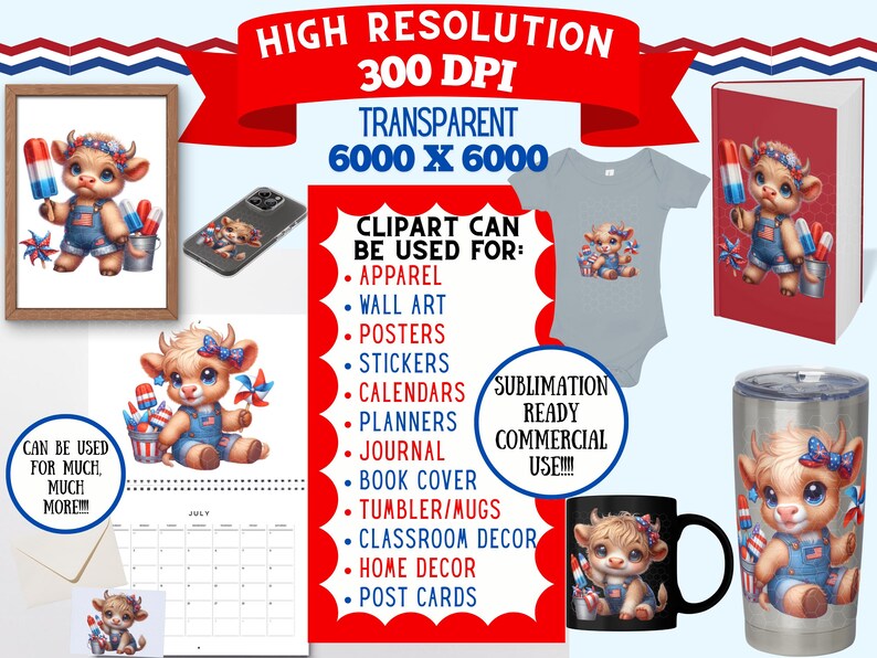 4th of July Highland Cow With Popsicle & Pinwheel Clipart, Whimsical ...