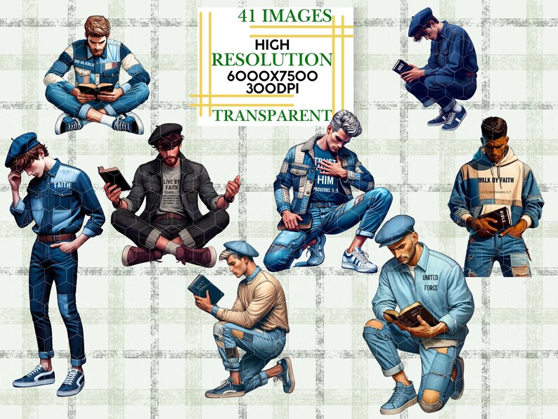 Christian Men Clipart Bundle Spiritual Stylish Jean Outfit PNG Prayer ...