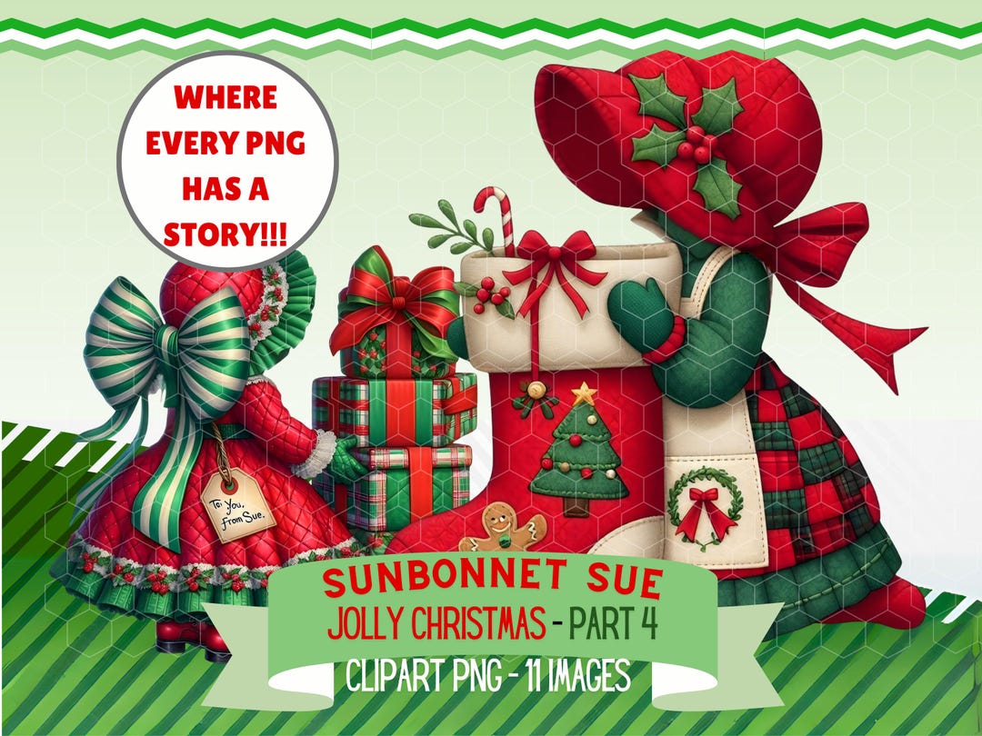 Christmas Sunbonnet Sue Clipart Bundle – Quilted Texture Holiday Girls ...