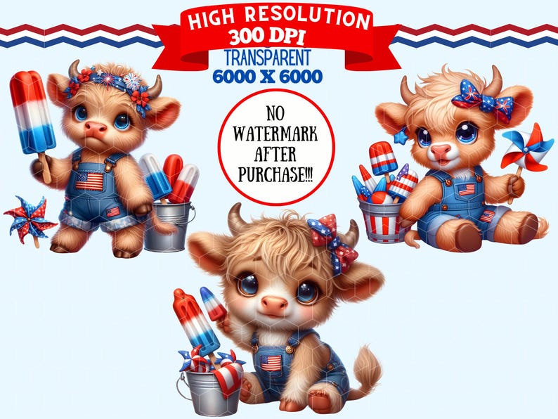 4th of July Highland Cow With Popsicle & Pinwheel Clipart, Whimsical ...