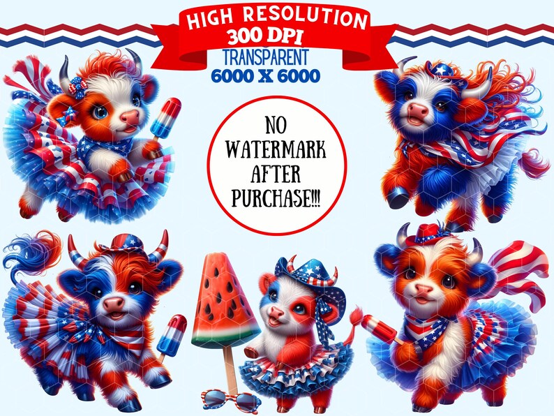 4th of July Highland Cow With Popsicle & Watermelon Clipart, Whimsical ...
